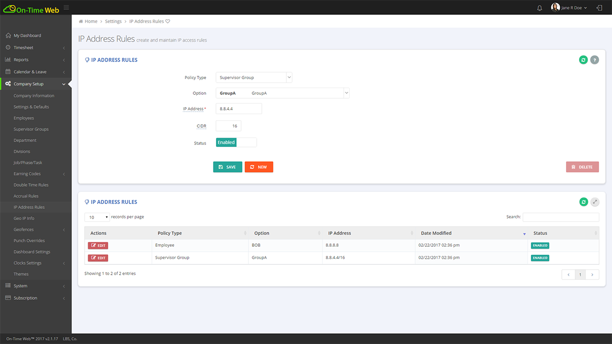 IP Address Rules | On-Time Web